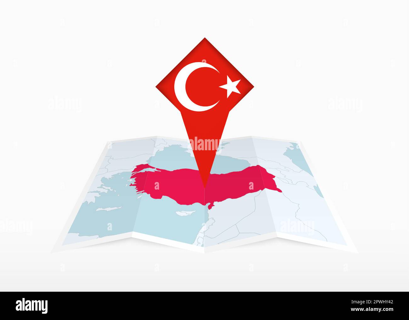 Turkey is depicted on a folded paper map and pinned location marker ...