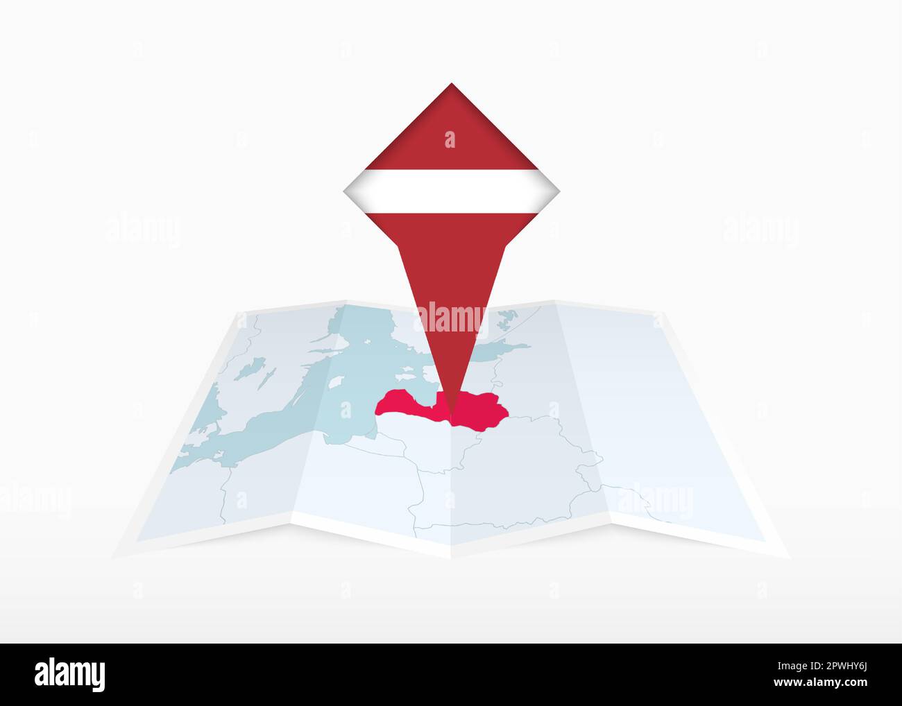 Latvia is depicted on a folded paper map and pinned location marker with flag of Latvia. Folded ...