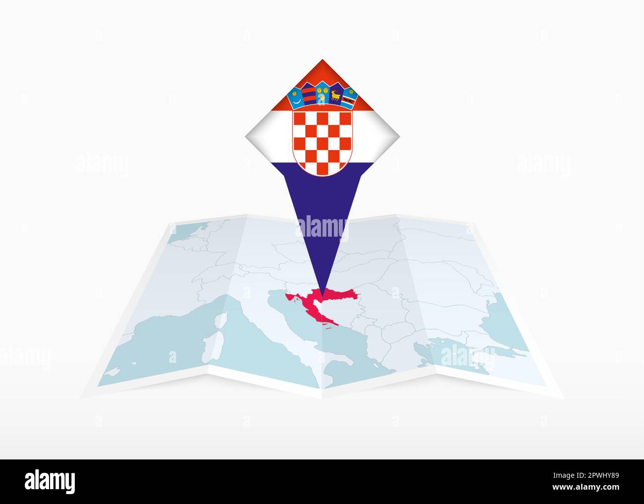 Croatia is depicted on a folded paper map and pinned location marker ...