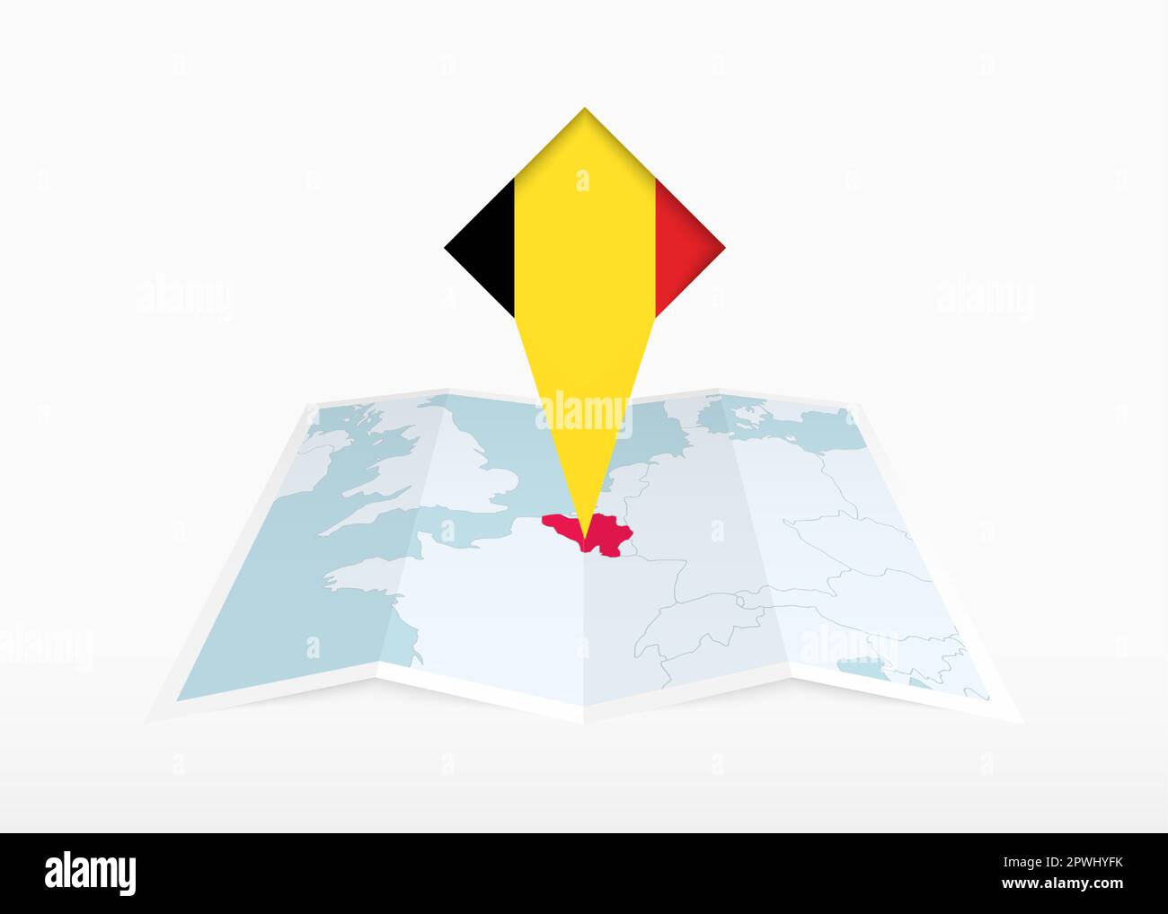 Belgium is depicted on a folded paper map and pinned location marker ...