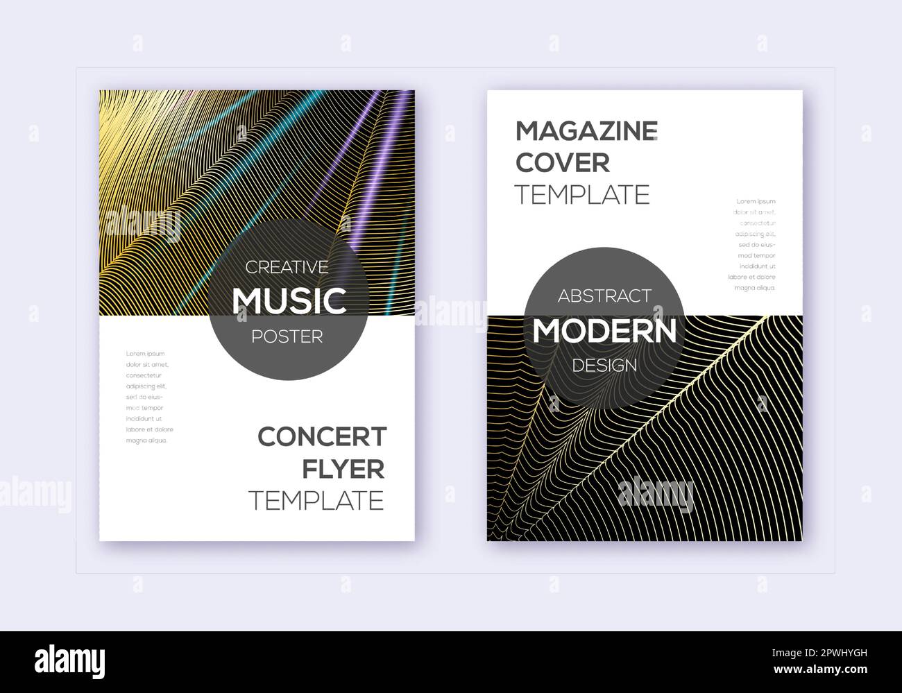 Modern cover design template set. Gold abstract lines on black ...