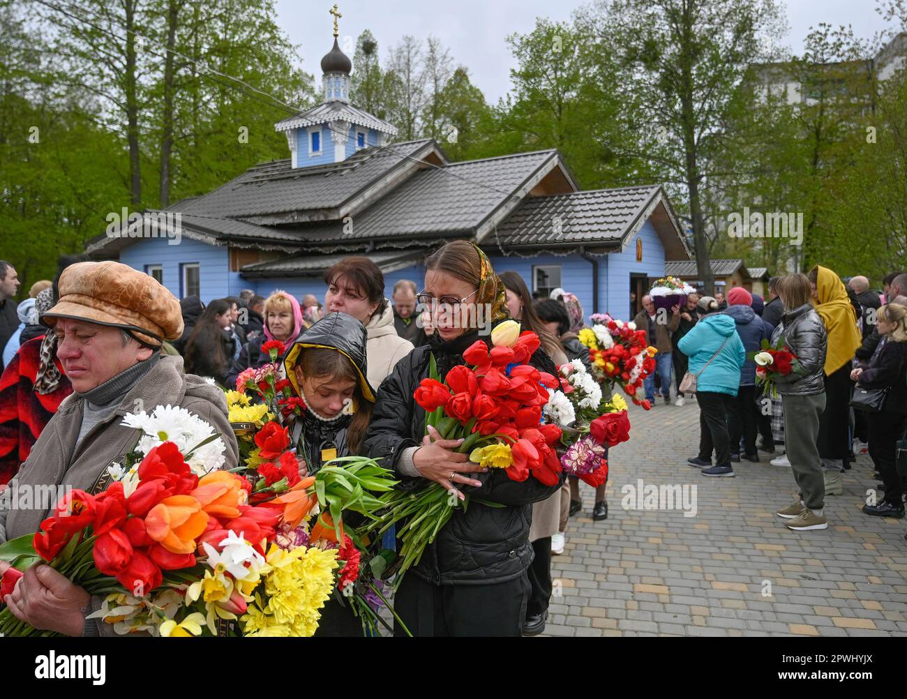 Uman, Ukraine. 30th Apr, 2023. People attend the funeral ceremony for ...