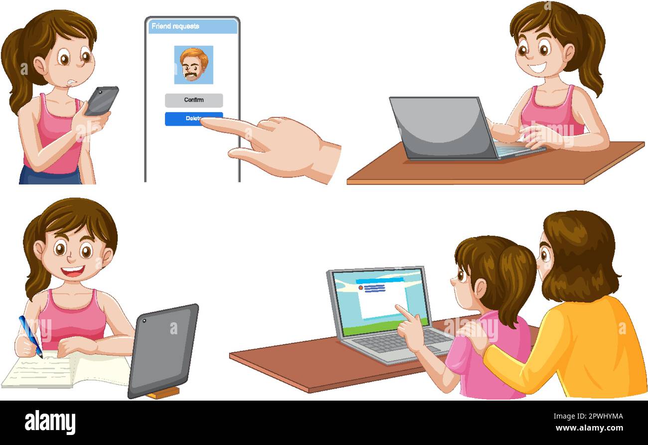 Set of children with electronic devices on social media illustration ...