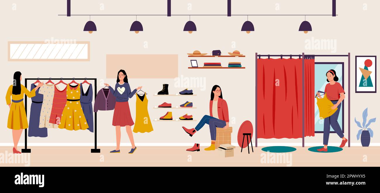 Shopping and buying concept, store interior fashion. Vector of store ...