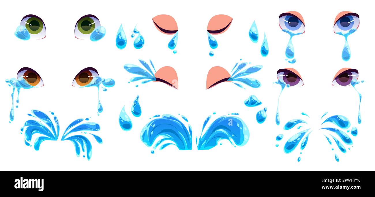 Cartoon comic tear splash and eye vector icon set. Cry water stream ...