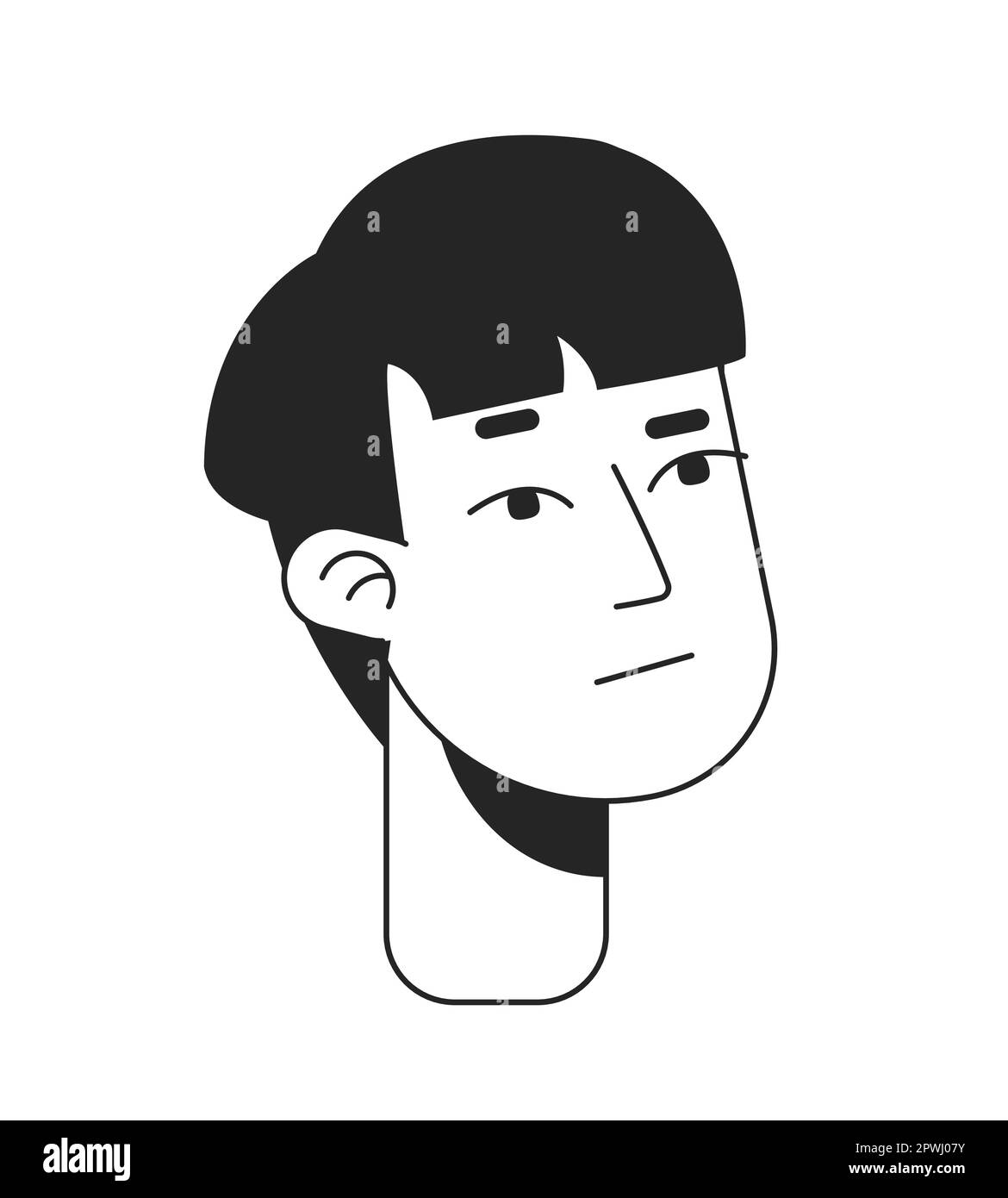 Puzzled young man with bowl haircut flat line monochromatic vector ...