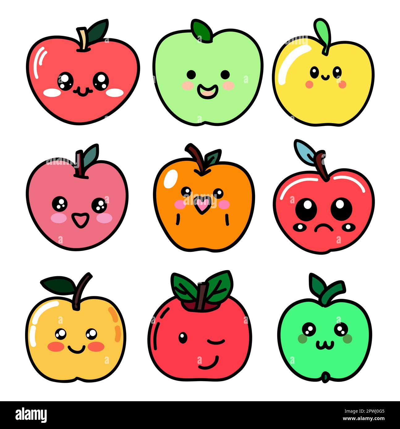 Cute kawaii apple set. Funny fruits vector icons Stock Vector Image ...