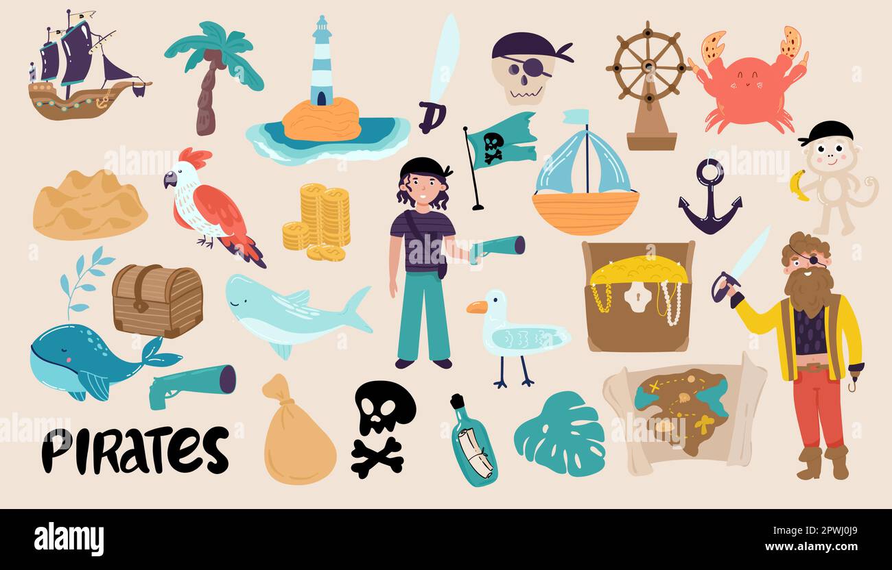 Collection of adorable pirates, sail ship, mermaids, sea fish and ...