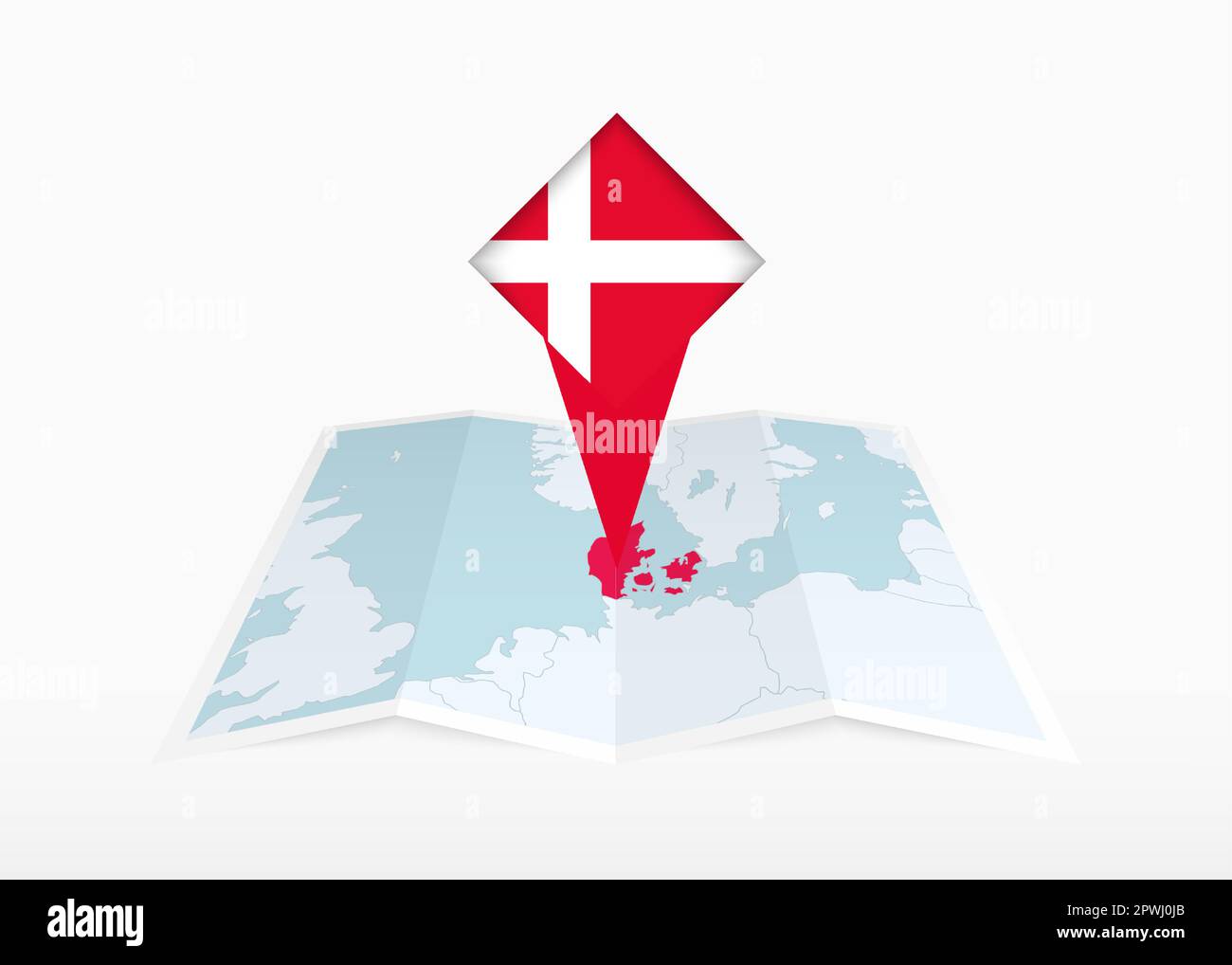 Denmark is depicted on a folded paper map and pinned location marker ...