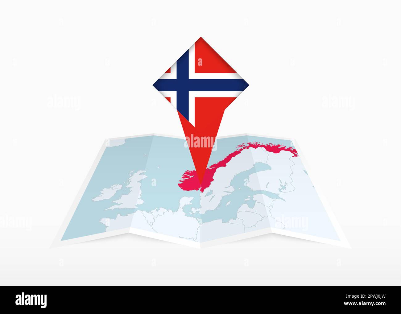 Norway is depicted on a folded paper map and pinned location marker ...