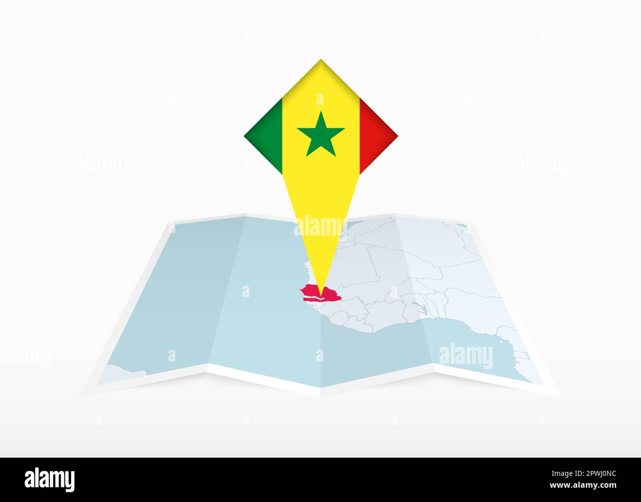 Senegal is depicted on a folded paper map and pinned location marker with flag of Senegal ...