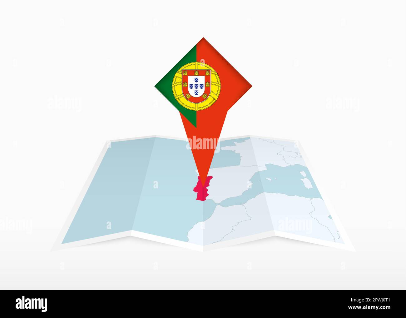 Portugal is depicted on a folded paper map and pinned location marker ...