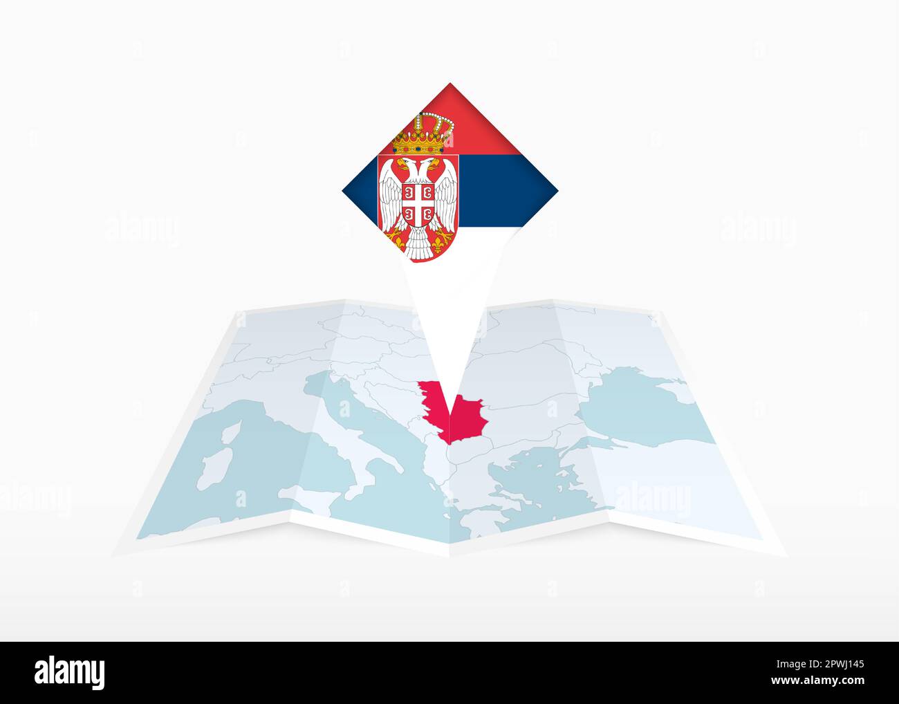 Serbia is depicted on a folded paper map and pinned location marker ...