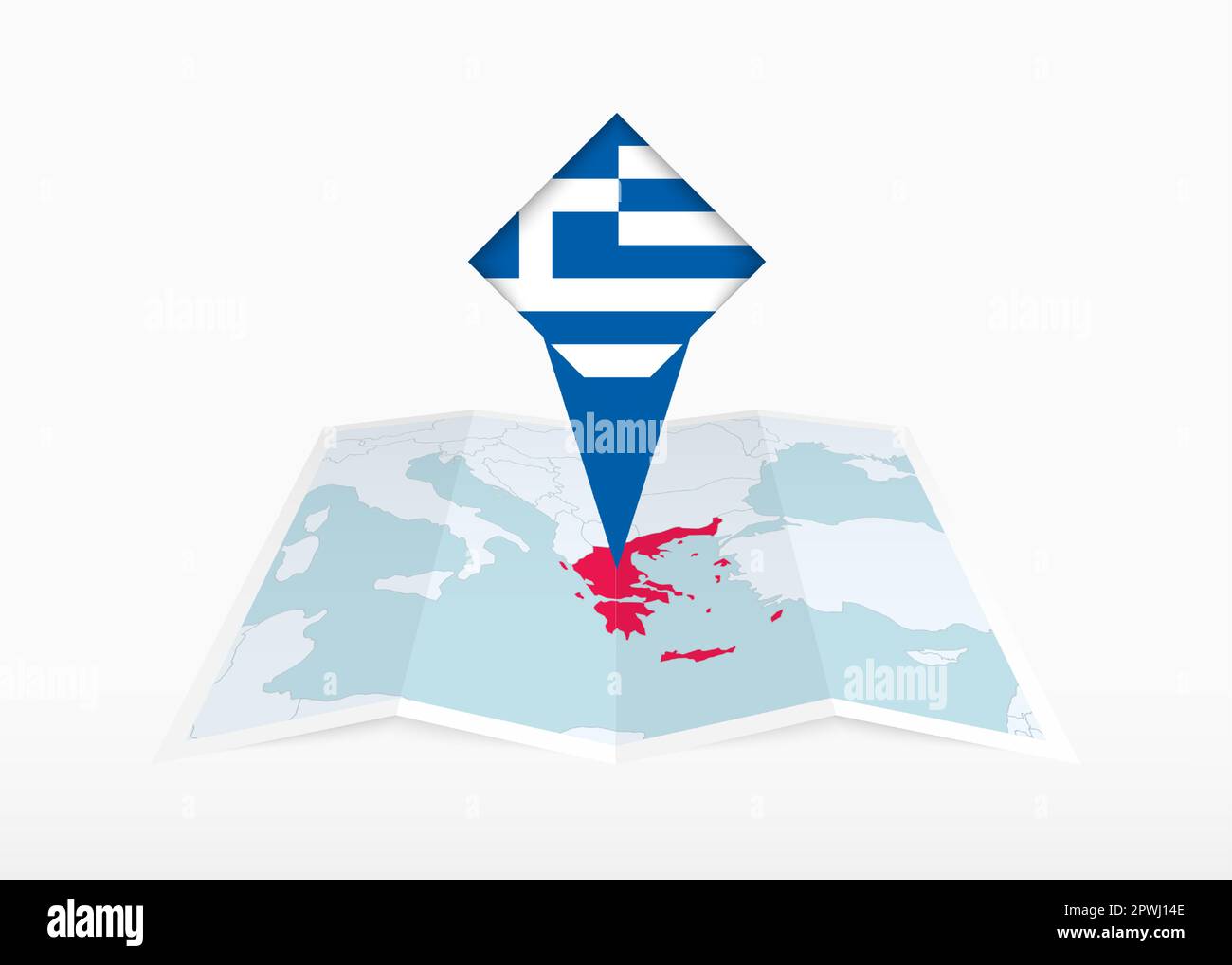 Greece is depicted on a folded paper map and pinned location marker ...