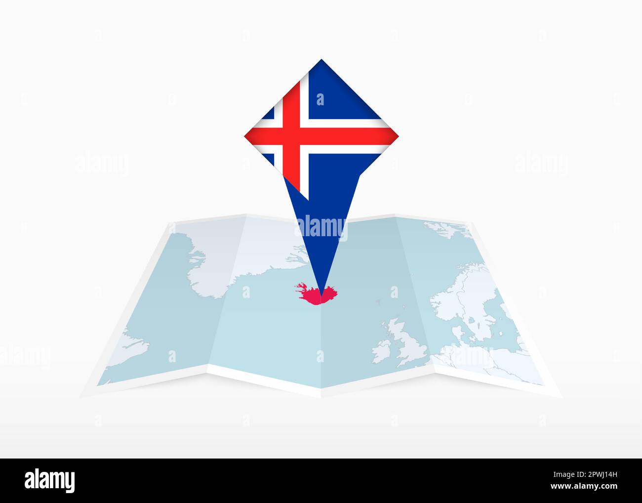 Iceland is depicted on a folded paper map and pinned location marker ...
