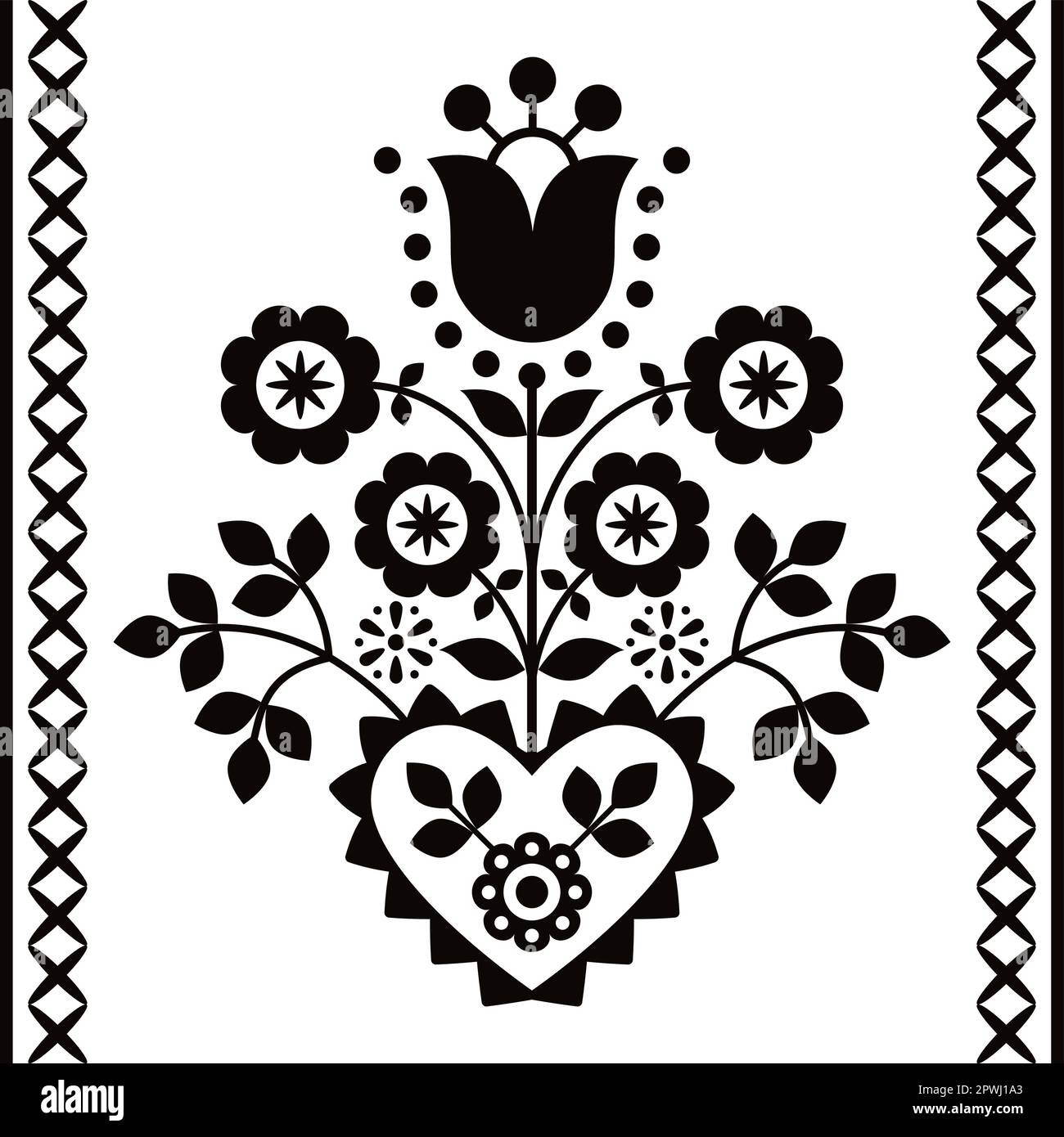 Polish Floral folk art vector black and white design from Nowy Sacz in ...
