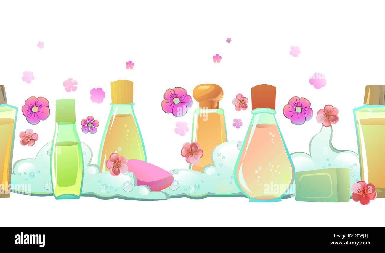 Shampoos and soaps with the scent of flowers. seamless horizontal ...