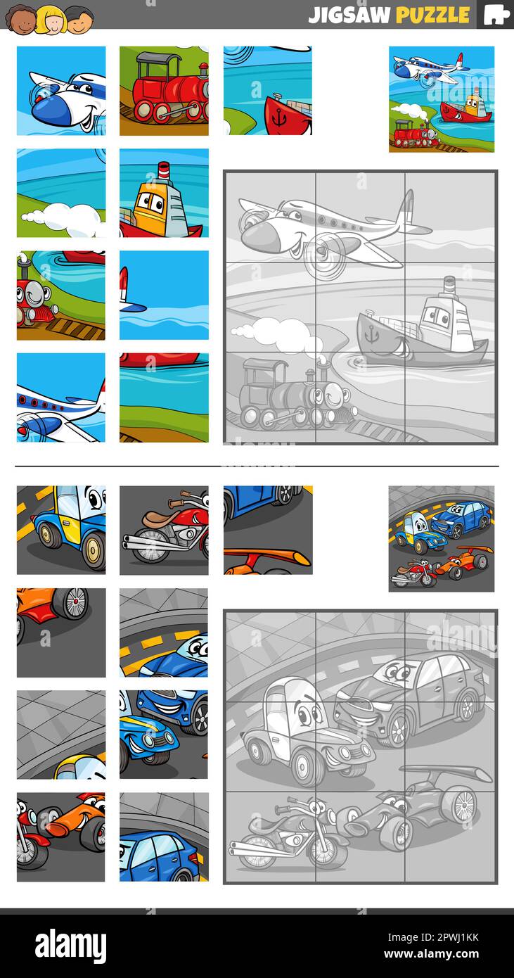 Cartoon illustration of educational jigsaw puzzle games set with ...