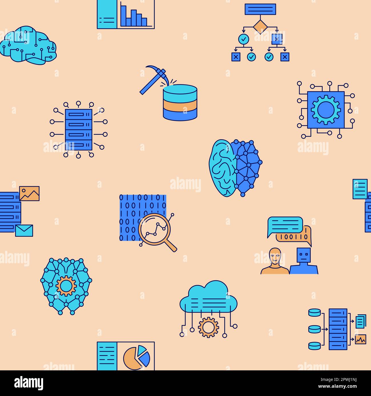 Data science and artificial intelligence seamless pattern in colored line style. Vector ...