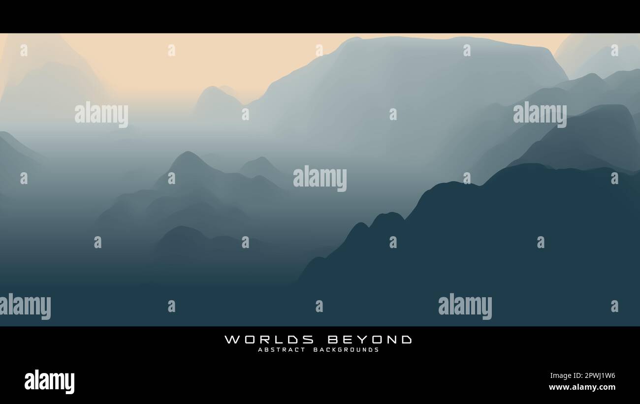 Abstract gray landscape with misty fog till horizon over mountain ...