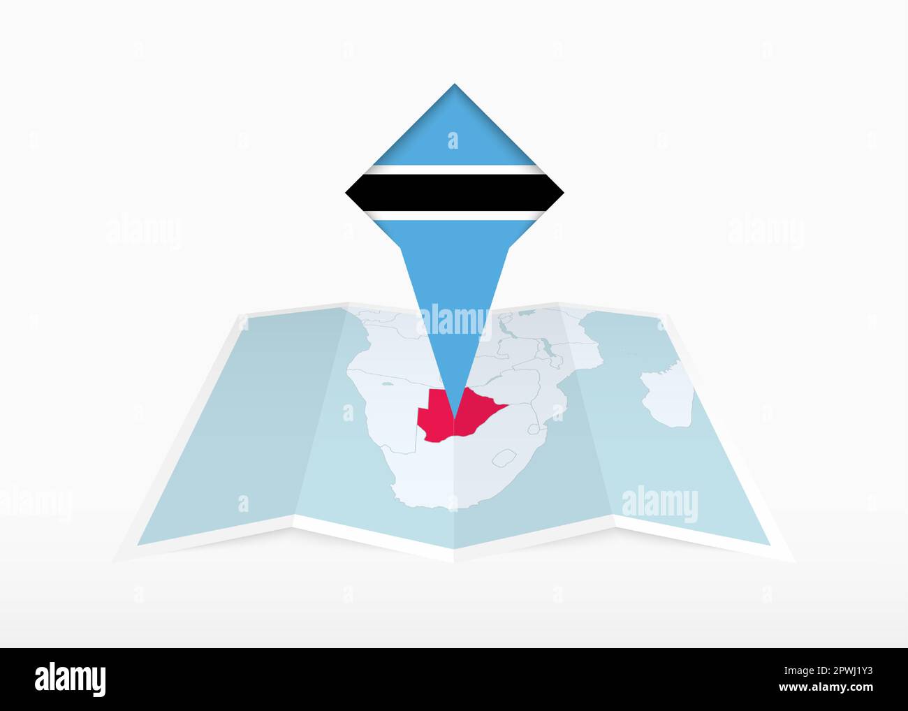 Botswana is depicted on a folded paper map and pinned location marker with flag of Botswana ...
