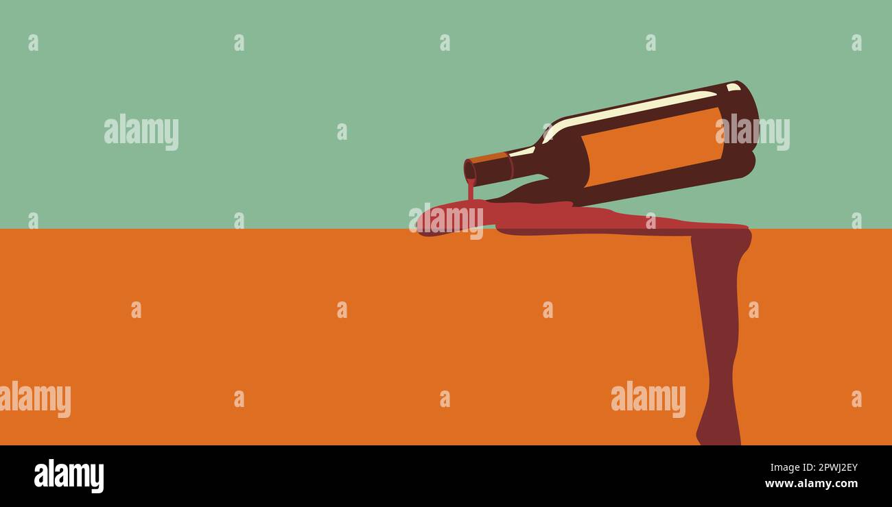 A bottle of wine fell and spilled on the table. Vector illustration in ...