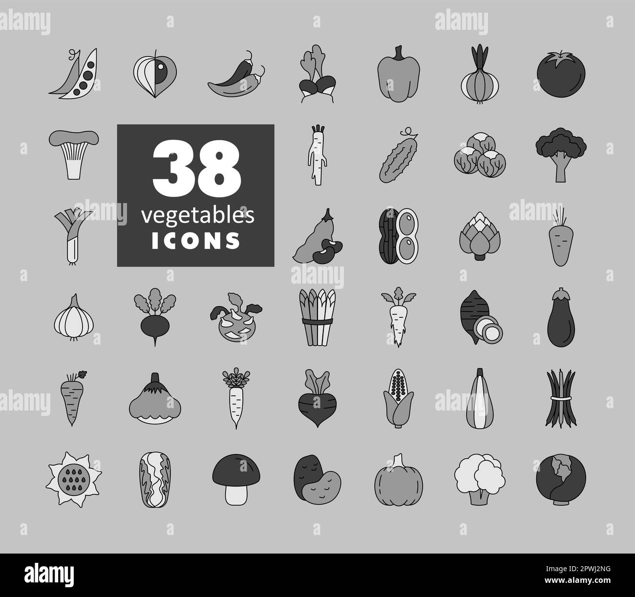 Vegetables isolated vector grayscale icons set. Graph symbol for food ...