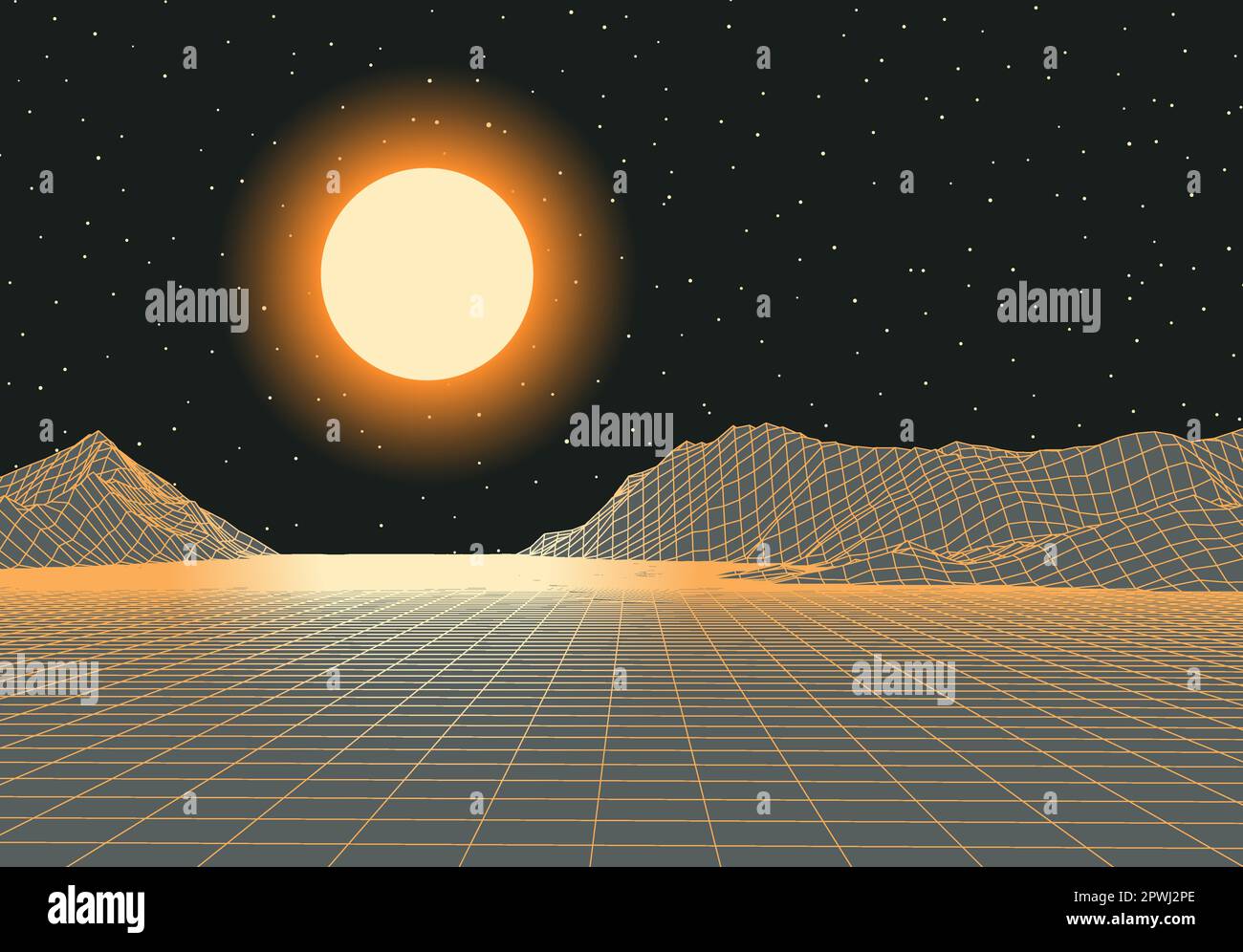 Retro futuristic landscape with mountains and sun in deep space. 80s ...