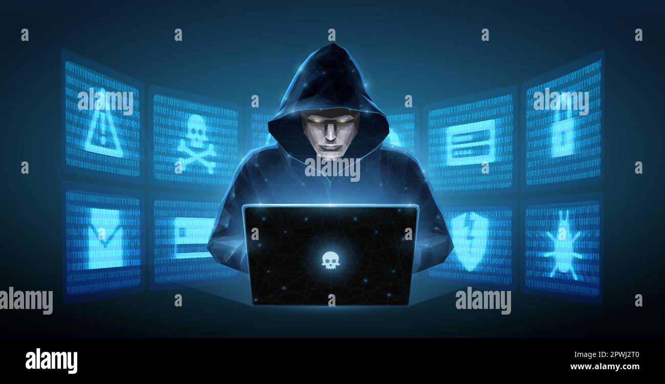 Hacker Cyber Criminal With Laptop And Related Icons Behind It Cyber