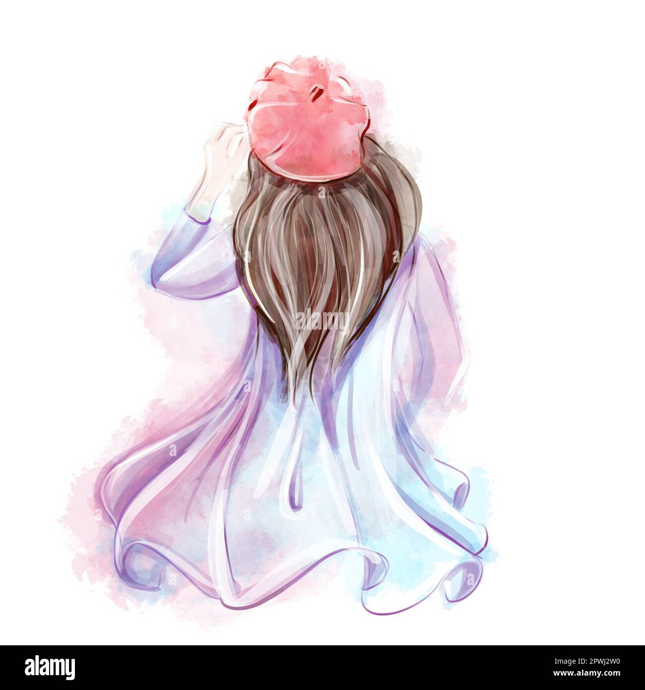 Watercolor girl in a dress and a red beret. Beautiful young girl ...