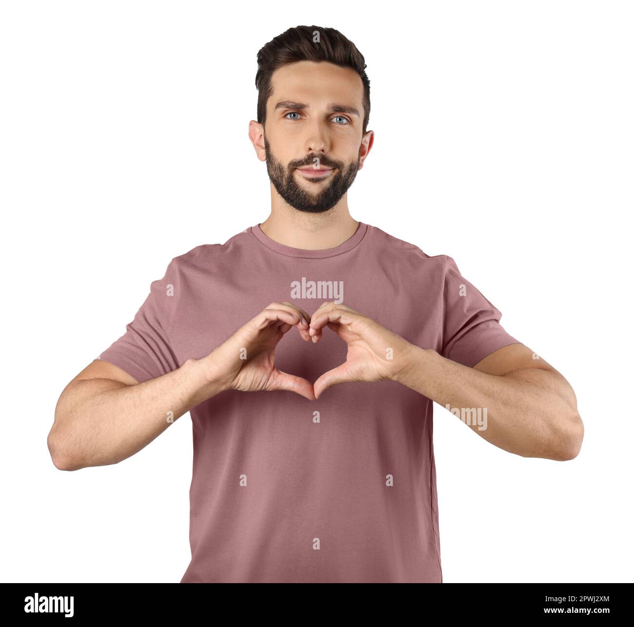 Man making heart with hands on white background Stock Photo - Alamy