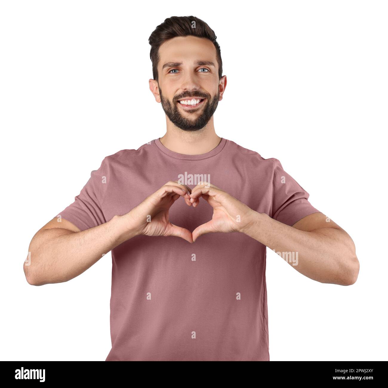 Happy man making heart with hands on white background Stock Photo - Alamy