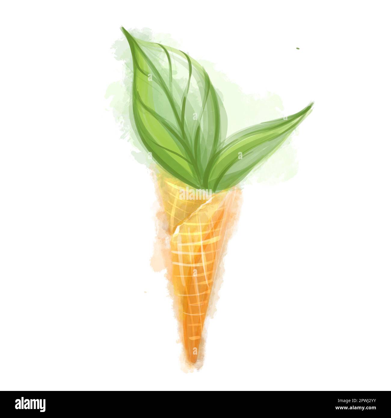 Watercolour Ice cream horn with leaves. Hand drawn floral illustration ...