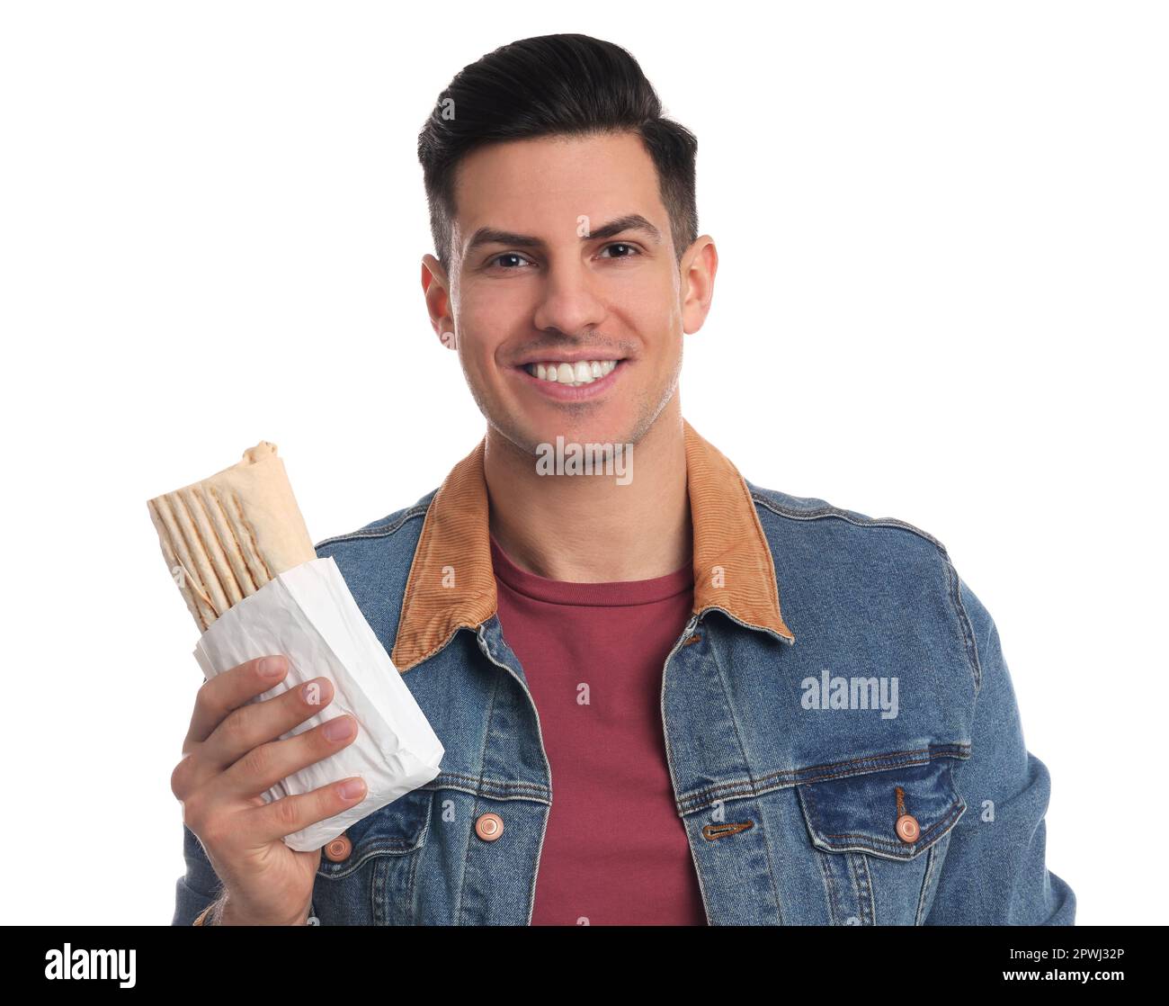 Man with delicious shawarma on white background Stock Photo - Alamy
