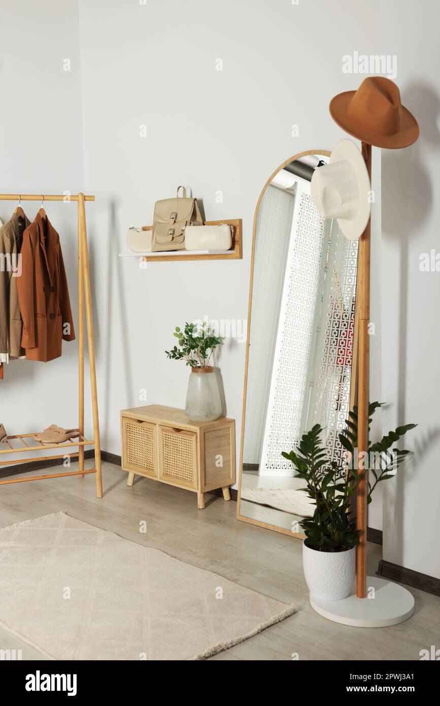 Modern hallway room interior with large mirror and clothing rack Stock ...