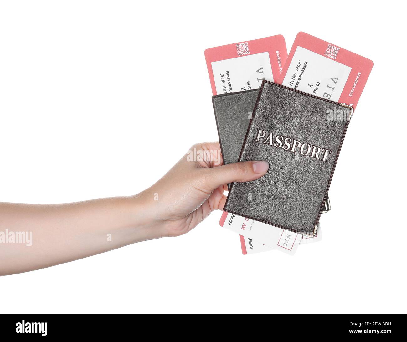 Woman Holding Passports With Tickets Isolated On White Closeup Stock