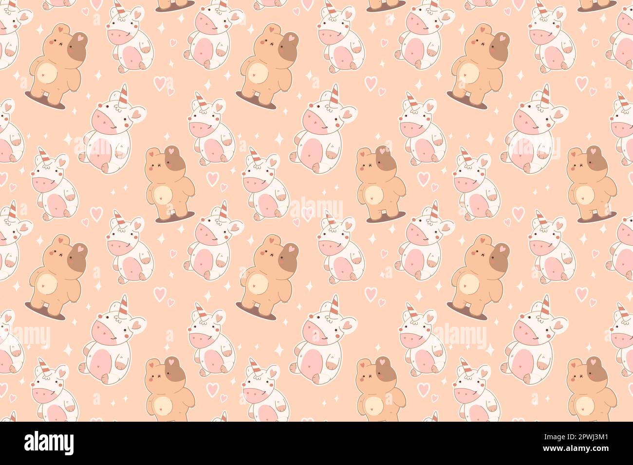Sweet seamless pattern.Cute teddy bear,unicorn and pink hearts.Kawaii vector background for ...