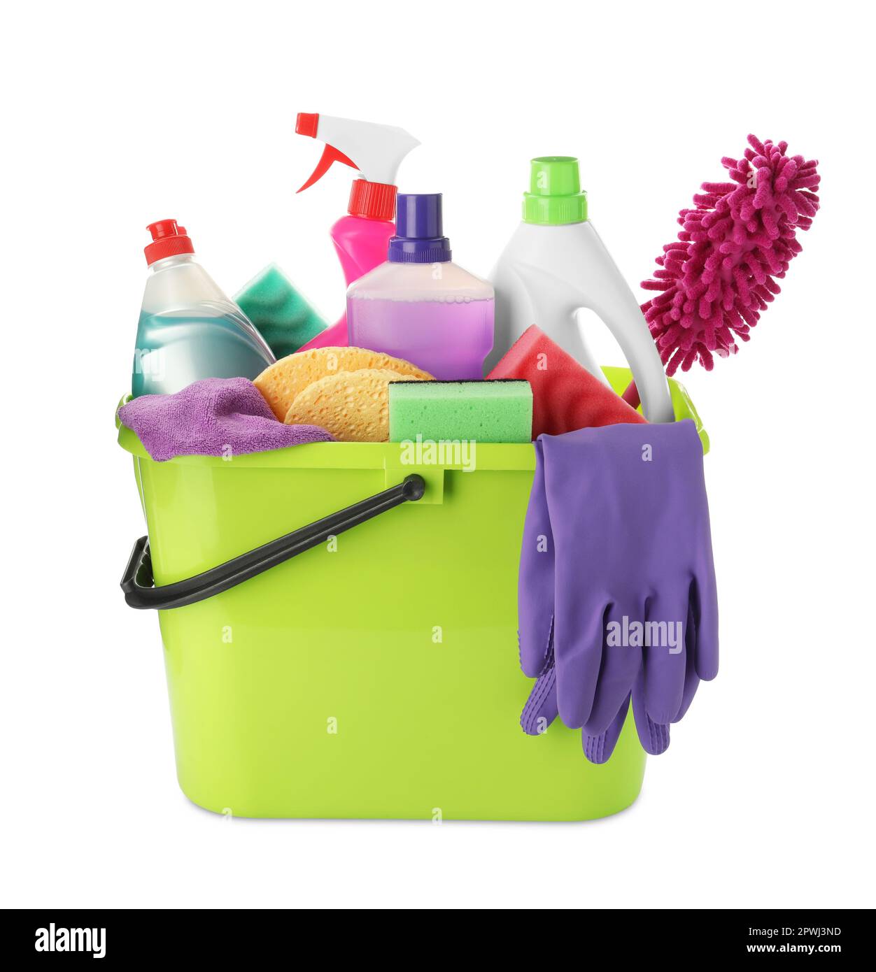 Green plastic bucket with cleaning supplies and tools isolated on white ...