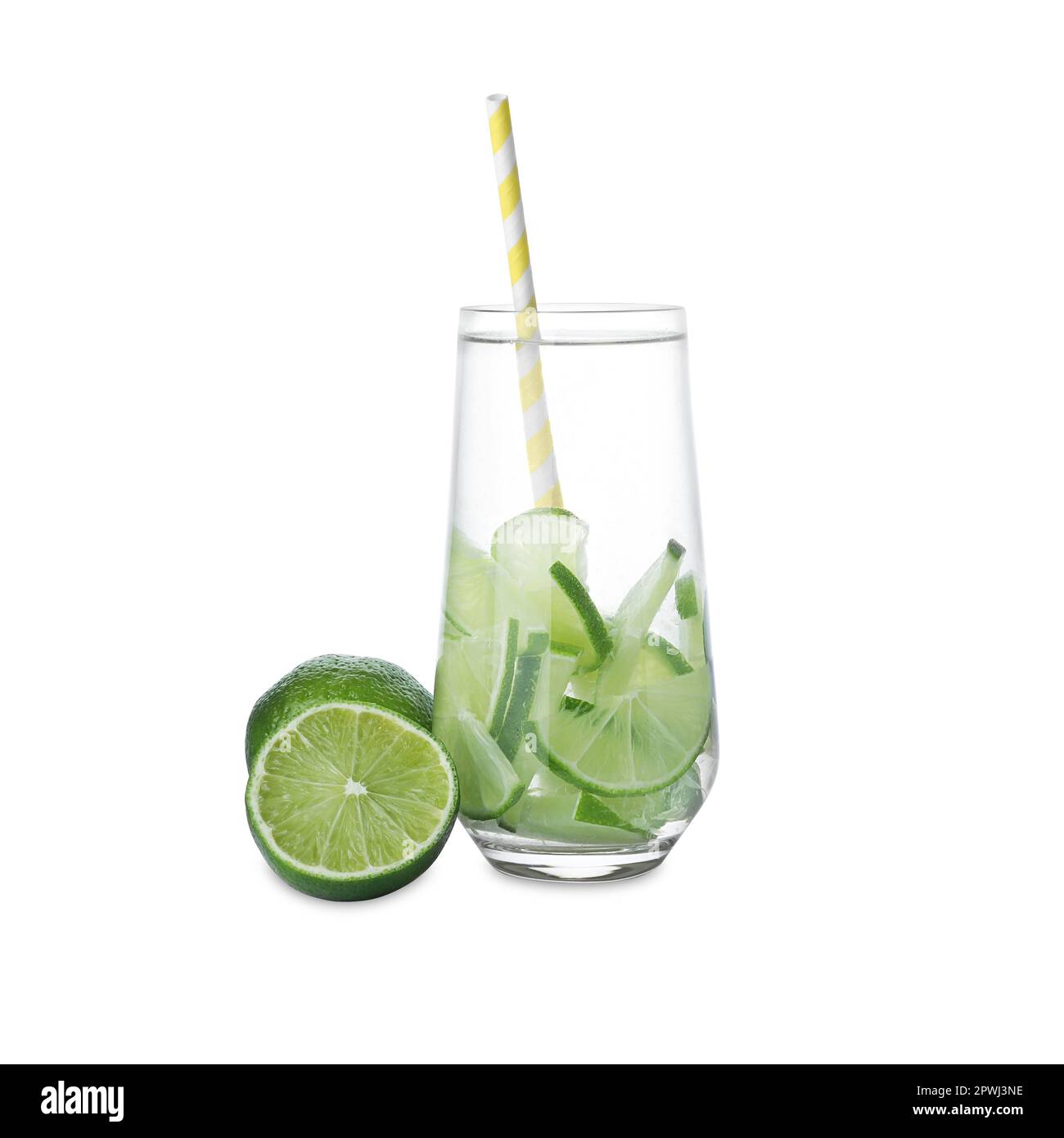 Glass with water and sliced lime on white background Stock Photo - Alamy