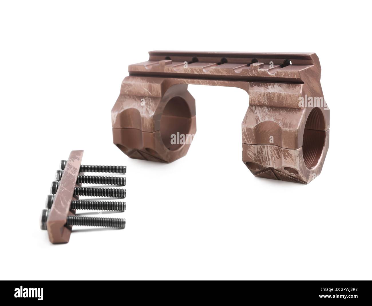 Disassembled quick disconnect sniper cantilever scope mount on white ...