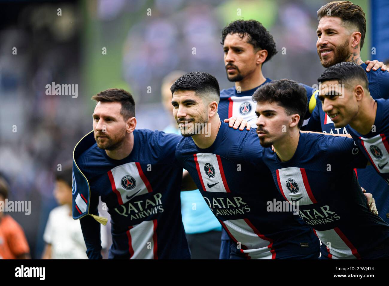Paris, France. 30th Apr, 2023. Leo Lionel Messi and Carlos Soler Barragan with the team during ...