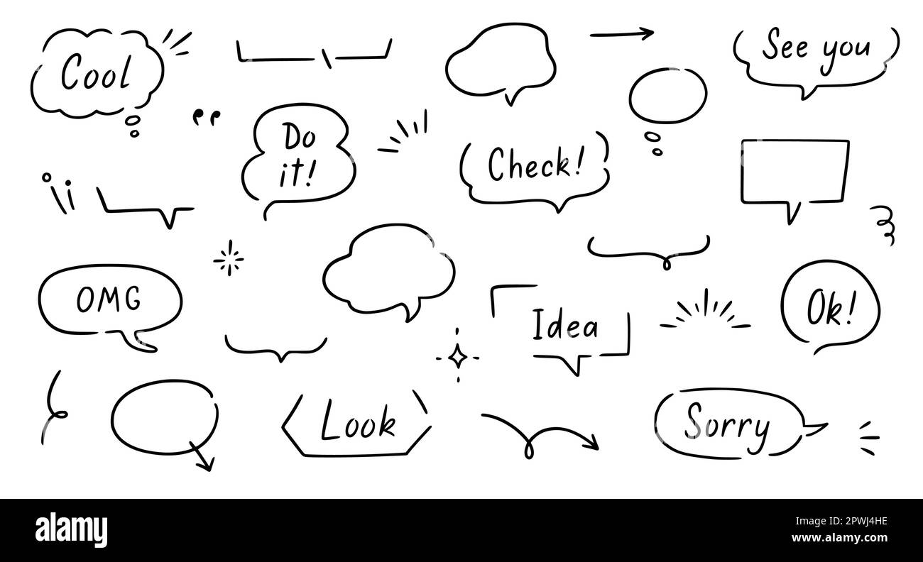 Balloon text frame decoration set. Simple hand drawn pen line speech ...