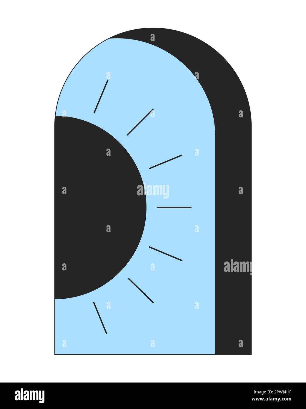 Arched window with peeping out black sun on blue sky flat line color ...