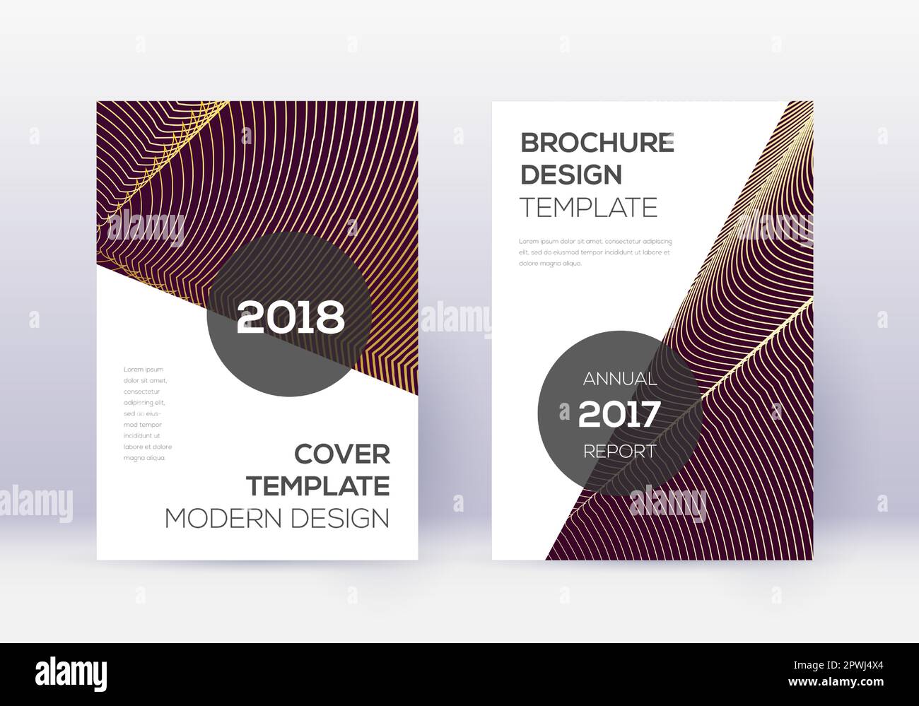 Modern cover design template set. Gold abstract lines on maroon ...