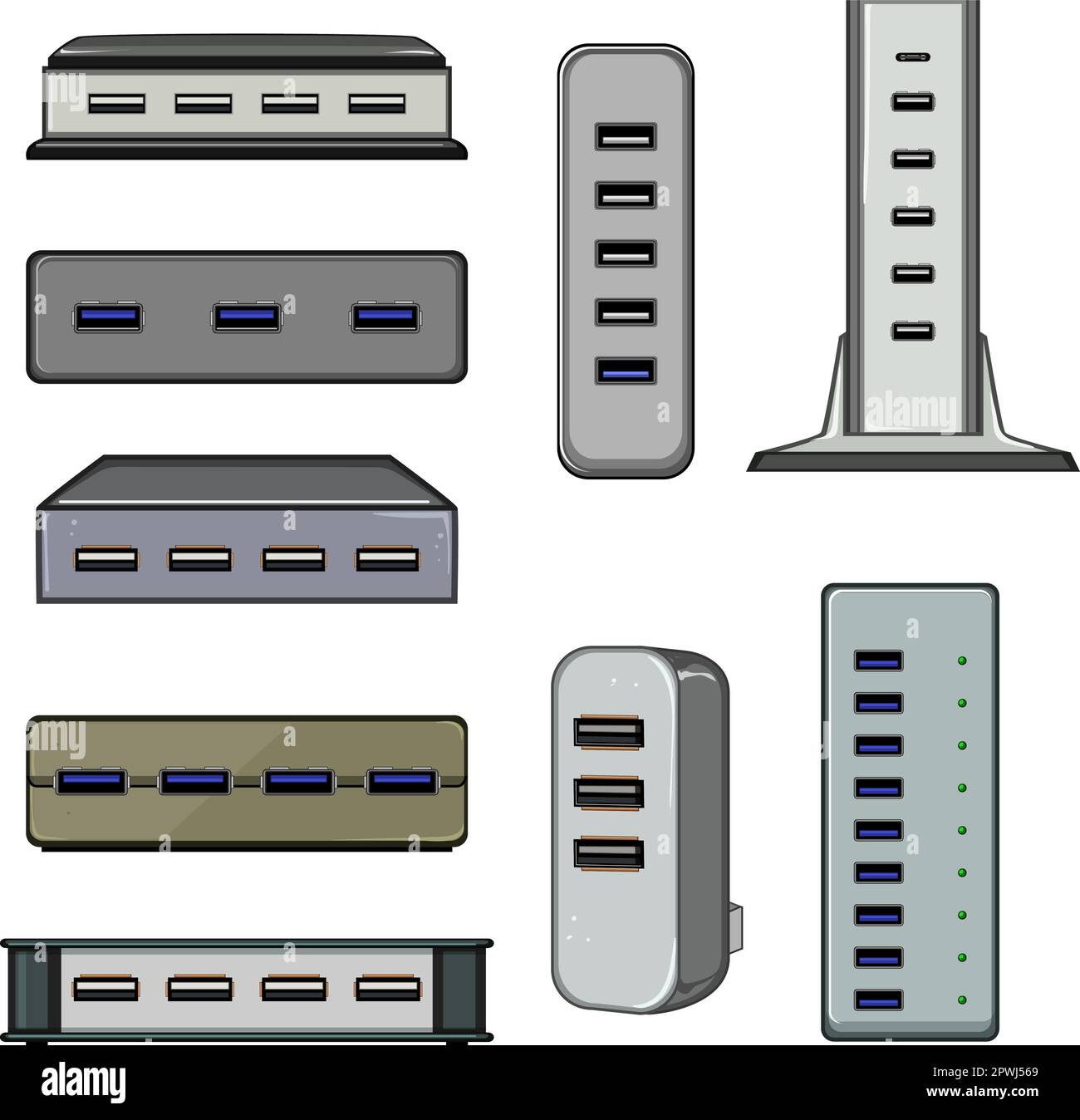 usb hub set cartoon. device cable, data technology, connection digital ...
