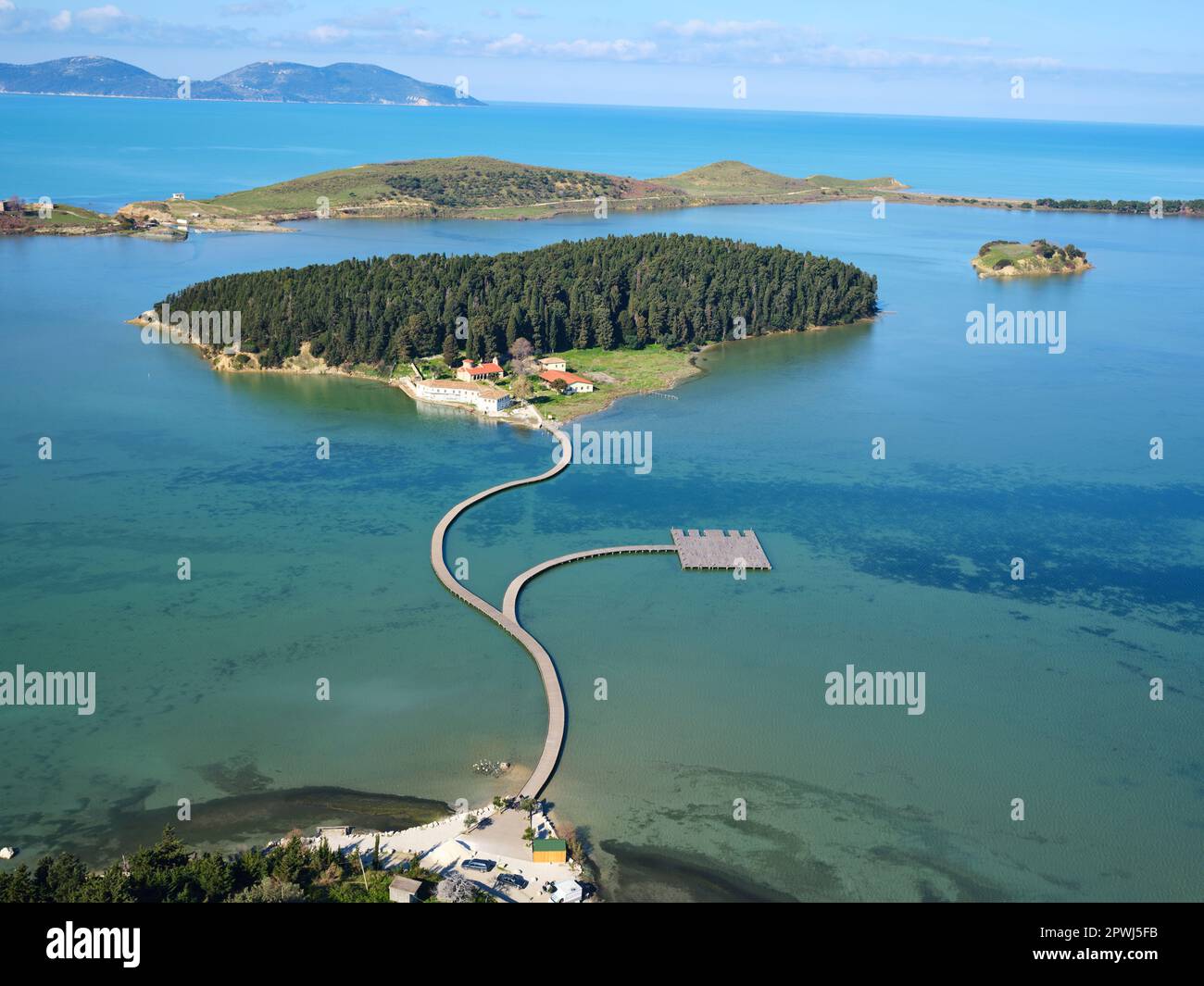 AERIAL VIEW. St-Mary Monastery on an island accessible by footbridge ...