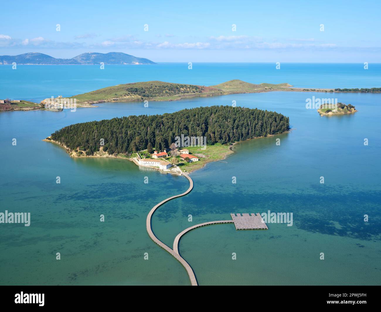 AERIAL VIEW. St-Mary Monastery on an island accessible by footbridge ...