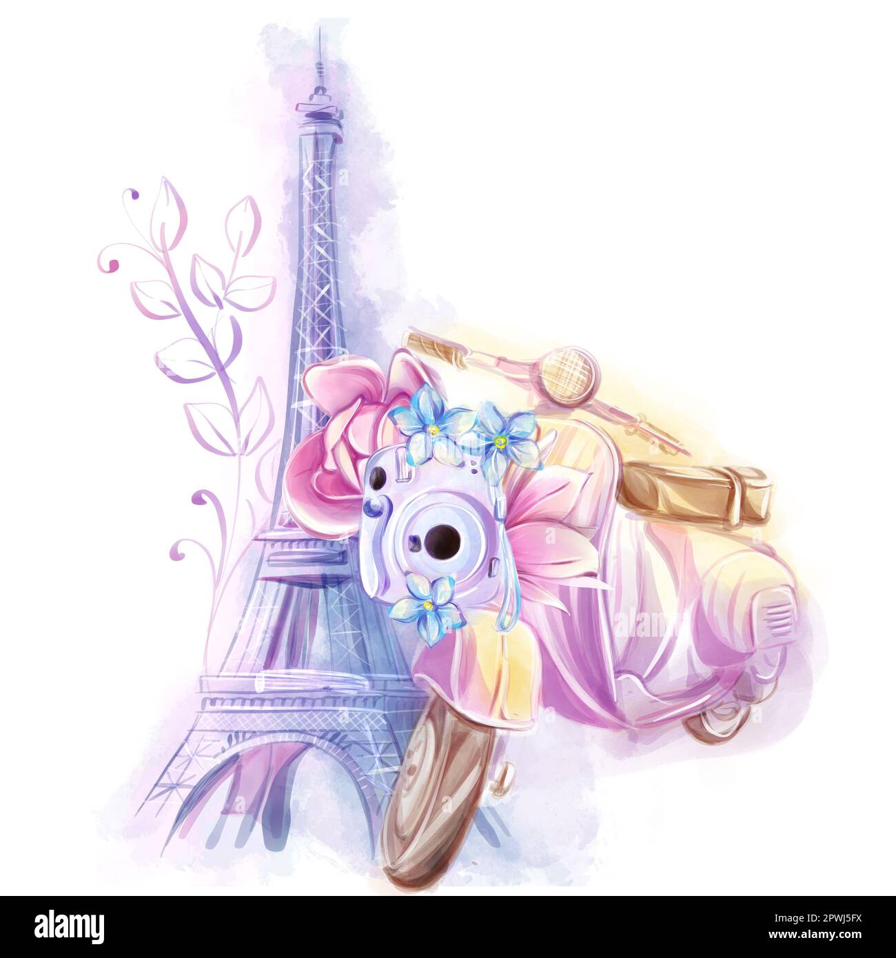 Eiffel tower with magnolias, spring clipart. Romantic vintage scooter ...