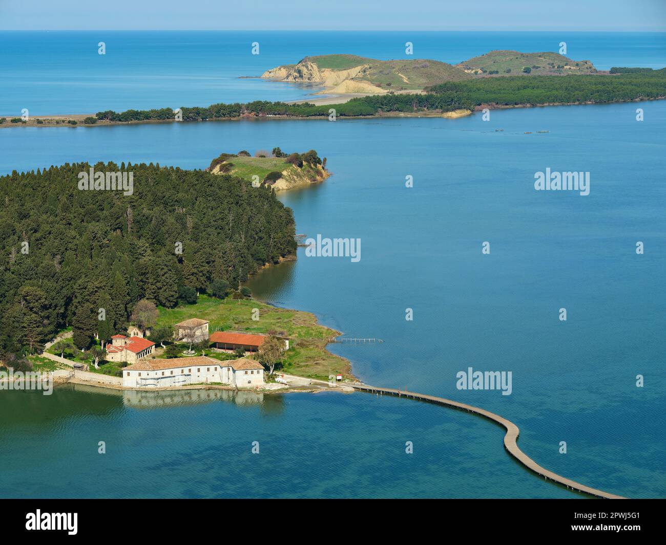 AERIAL VIEW. St-Mary Monastery on an island accessible by footbridge ...