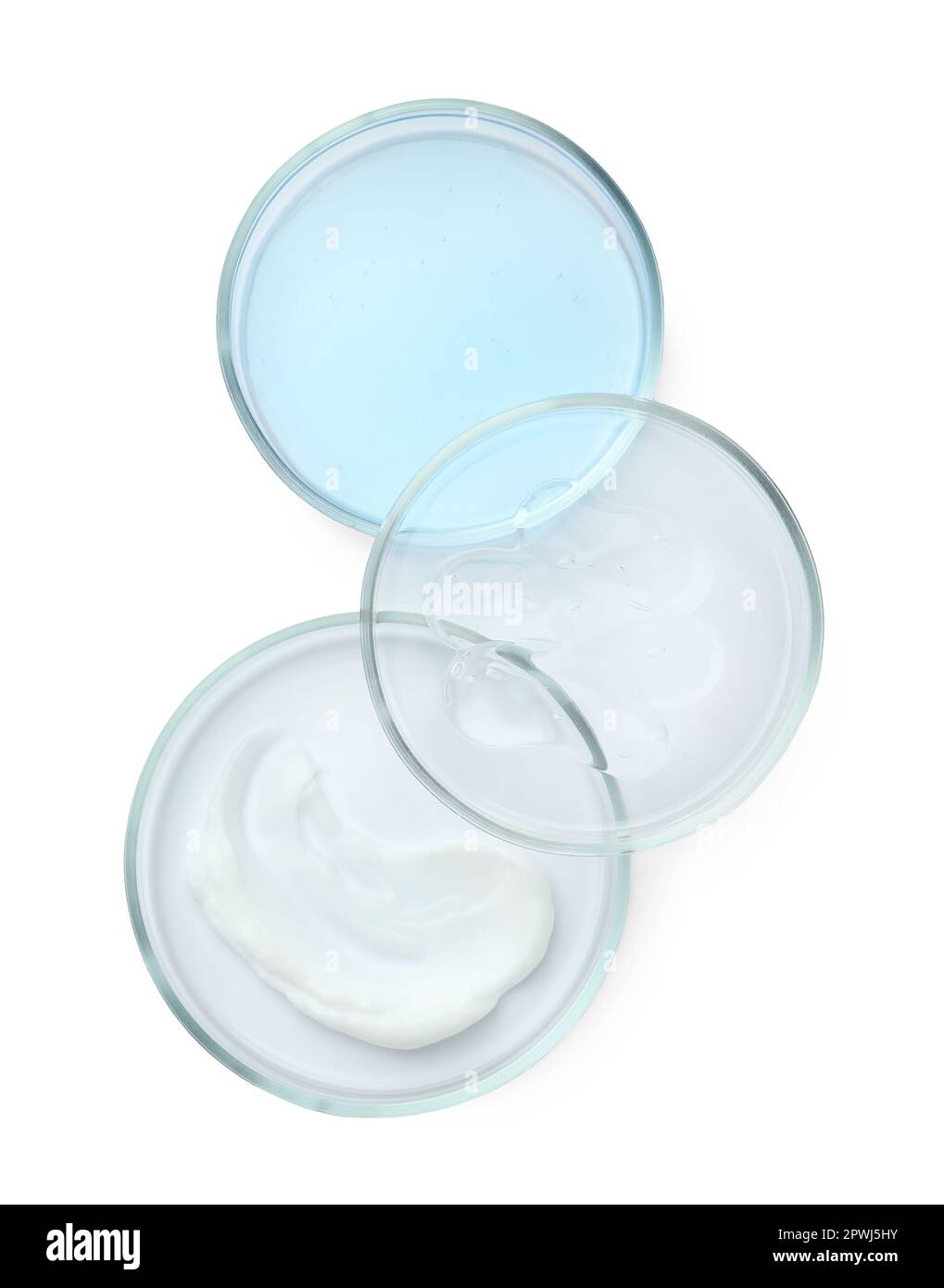 Many Petri dishes and cosmetic products on white background, top view ...
